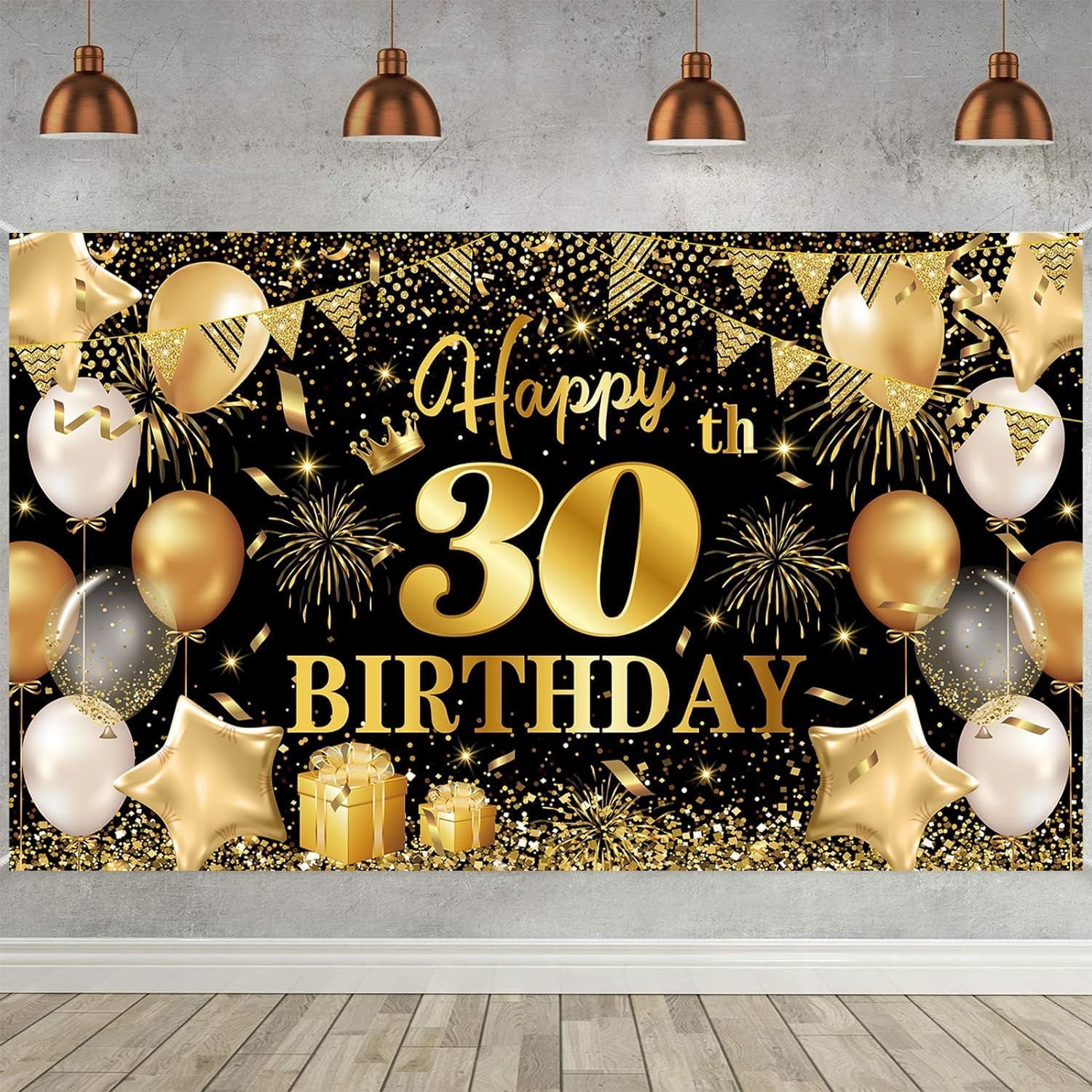 Happy 30th Birthday Backdrop Banner Black Gold Birthday Party ...