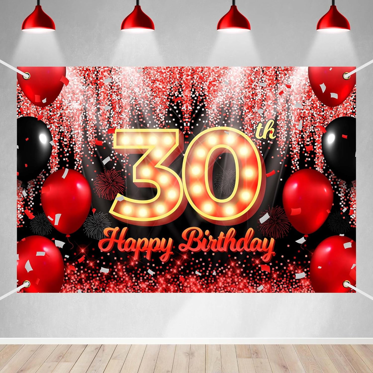 Happy 30th Birthday Backdrop Banner Black and Red Theme Background with ...