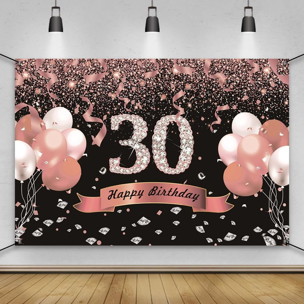Happy 30th Birthday Backdrop Banner, Rose Gold 30th Birthday Backdrop ...