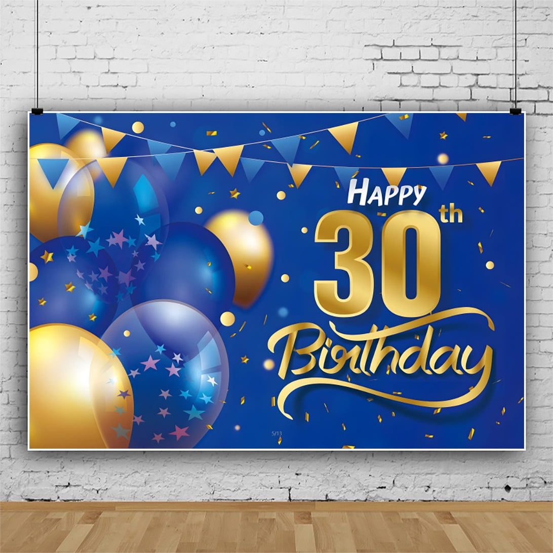 Happy 30th Birthday Backdrop Blue Gold Balloon Flag Photography ...