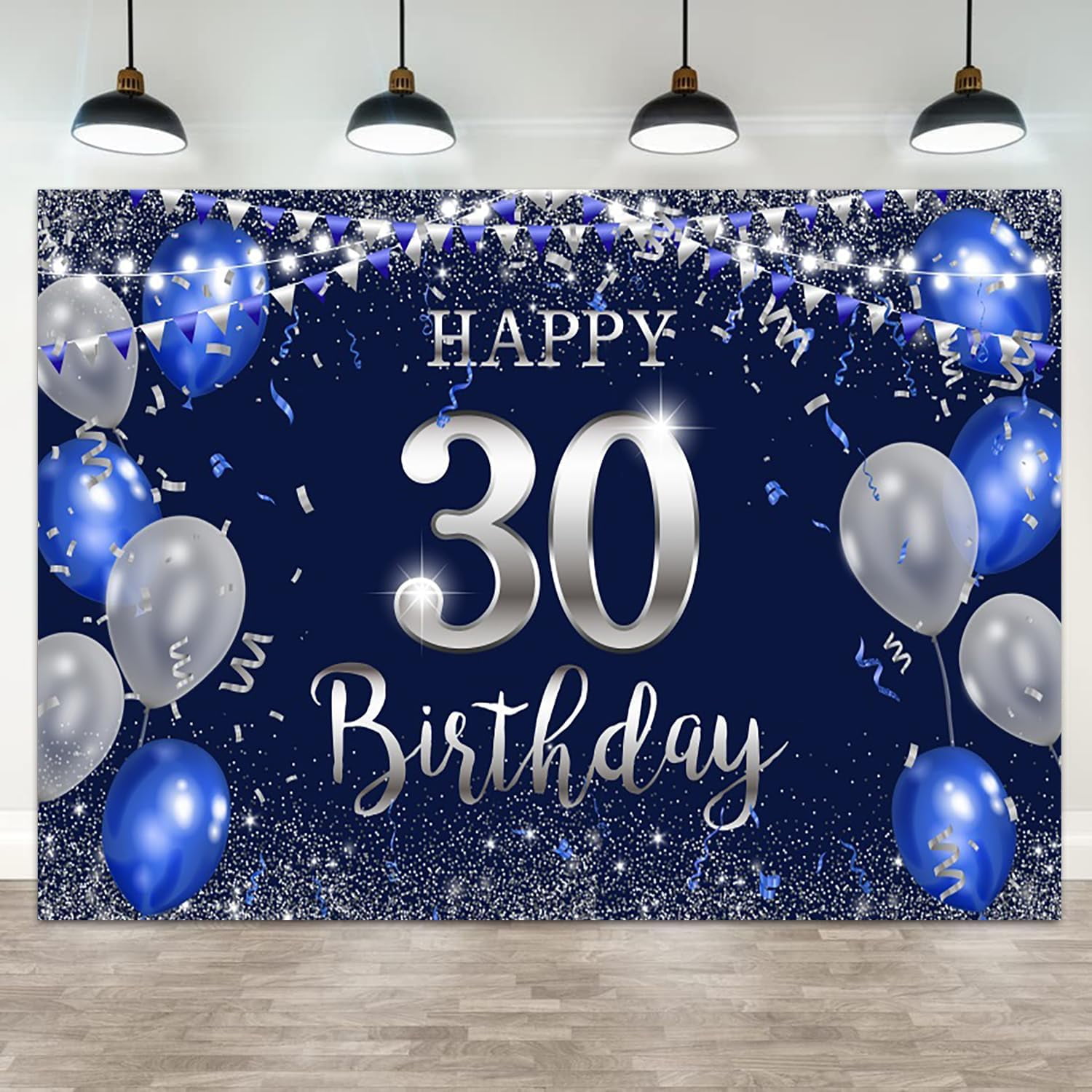 Happy 30th Birthday Backdrop Blue Silver Balloon Flag Photography ...