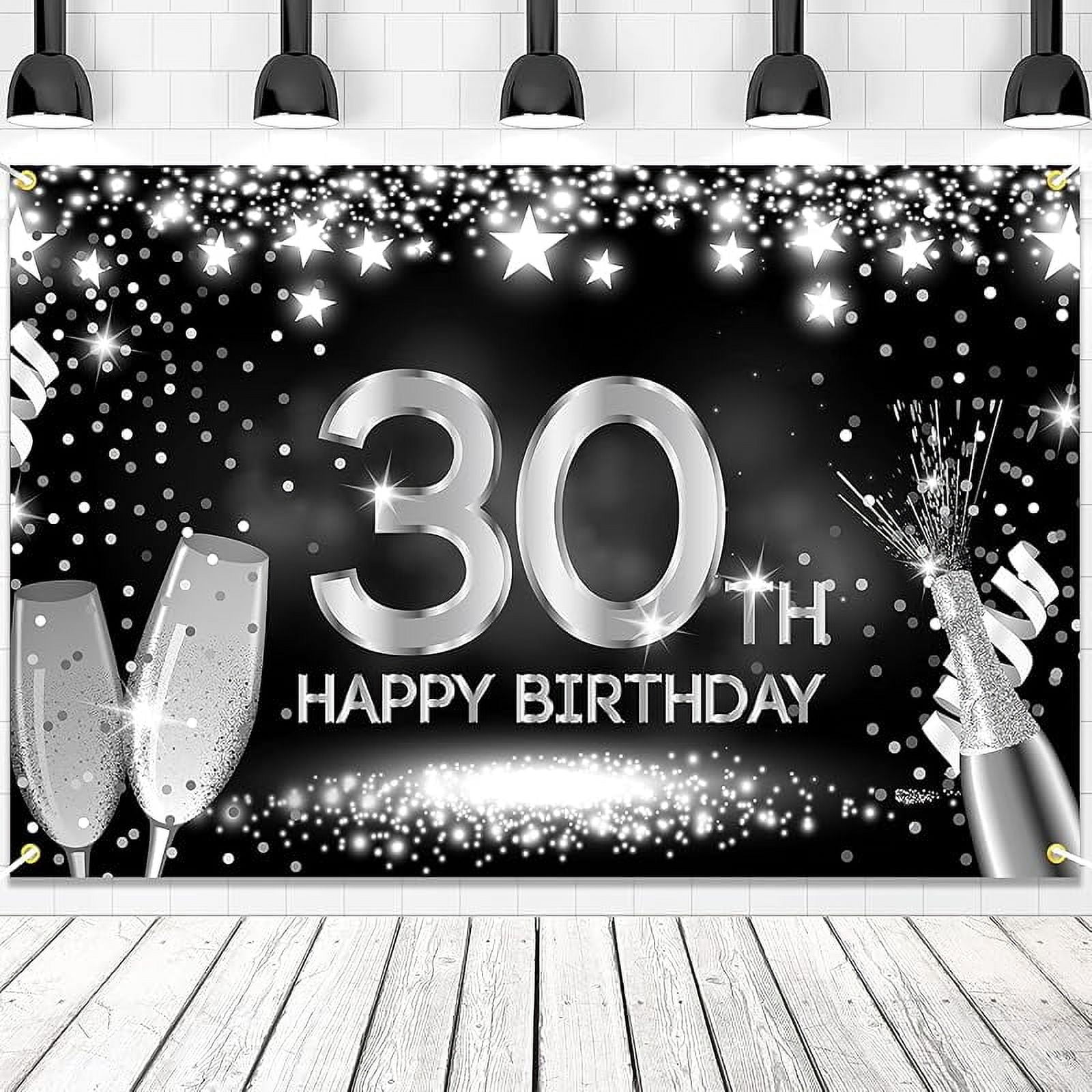 Happy 30th Birthday Banner Backdrop Silver and Black Champagne Glasses ...