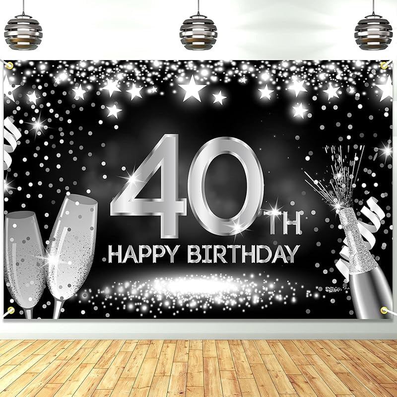 Happy 30th Birthday Banner Backdrop Silver and Black Champagne Glasses ...