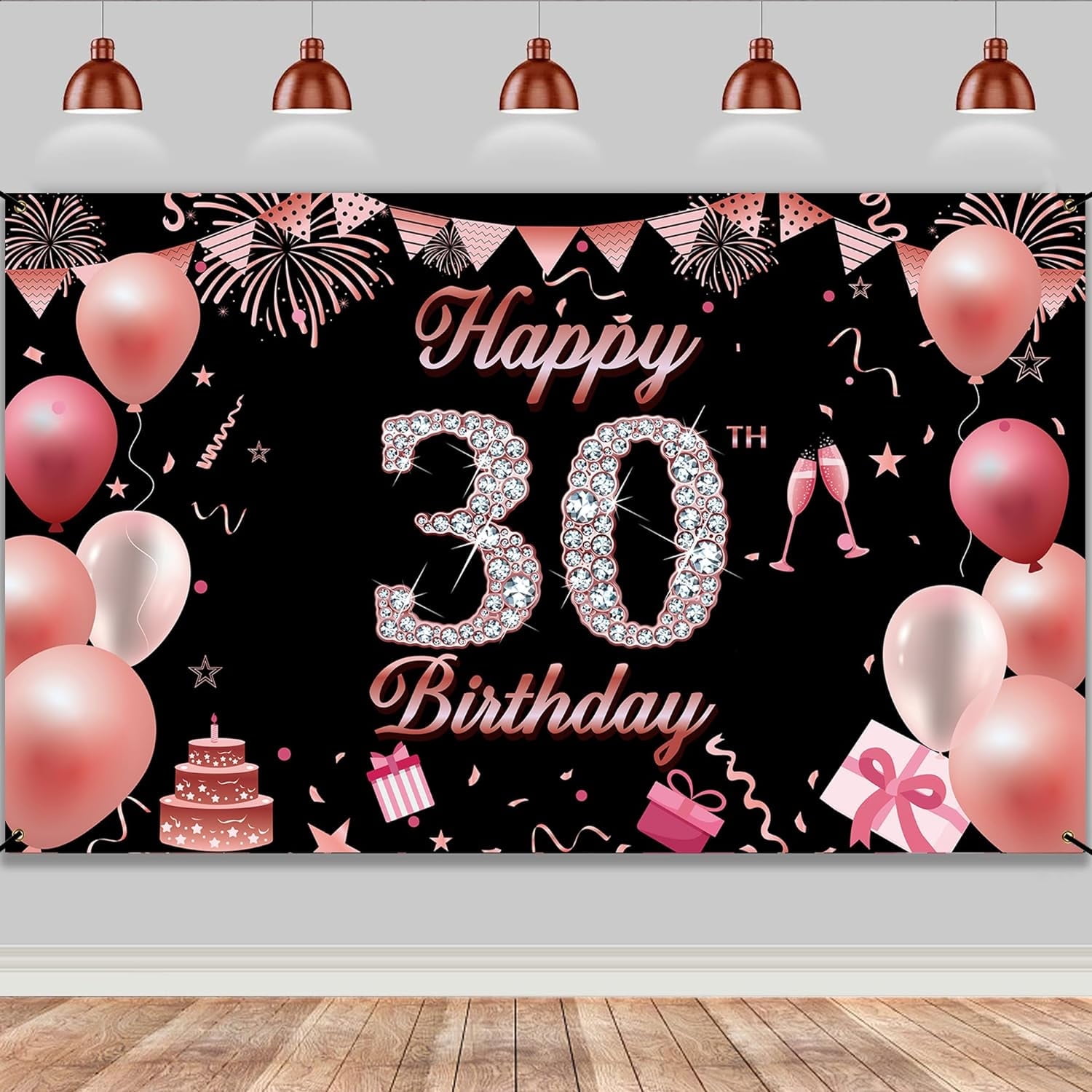 Happy 30th Birthday Banner Black and Rose Gold 30th Birthday Party ...