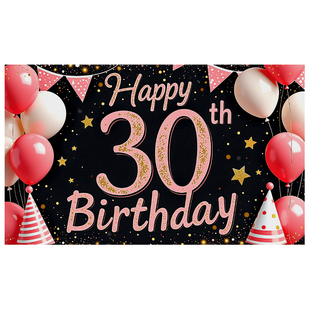 Happy 30th Birthday Banner with Glittery Pink Font and Star Elements ...