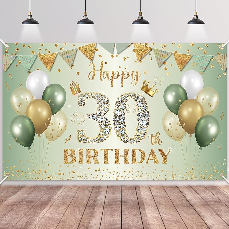 Happy 30th Birthday Banner Sage Green Gold,BTZO 30th Birthday Backdrop ...