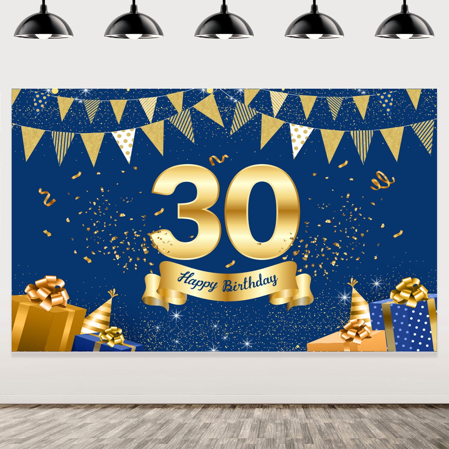 Happy 30th Birthday Blue & Gold Large Banner, 30th Birthday Party ...