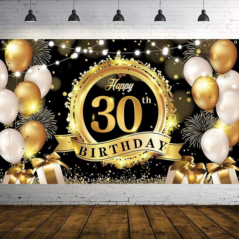 Happy 30th Birthday Decoration Backdrop Banner Black Gold Extra Large ...