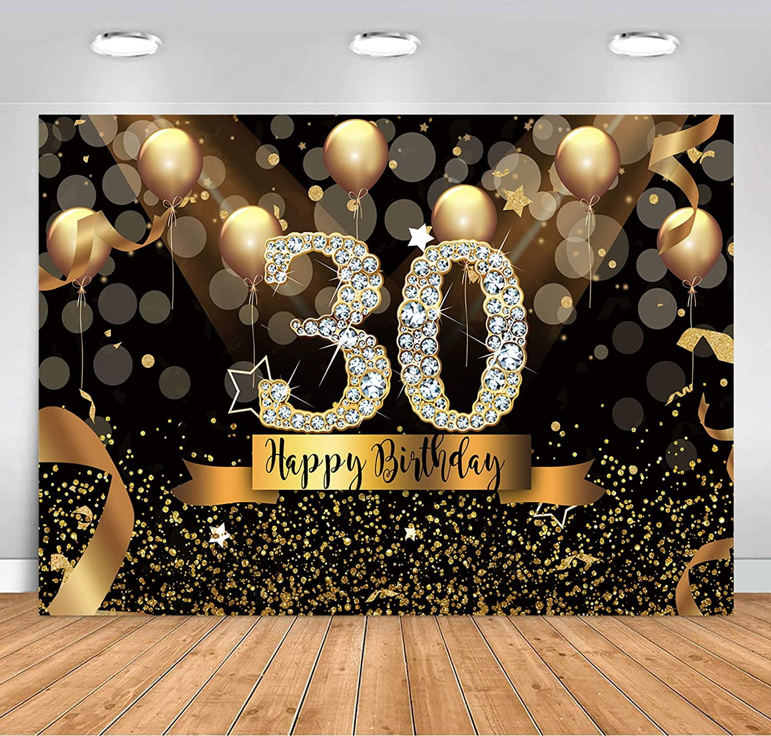 Happy 30th Birthday Party Backdrop for Women Black Gold Balloons ...