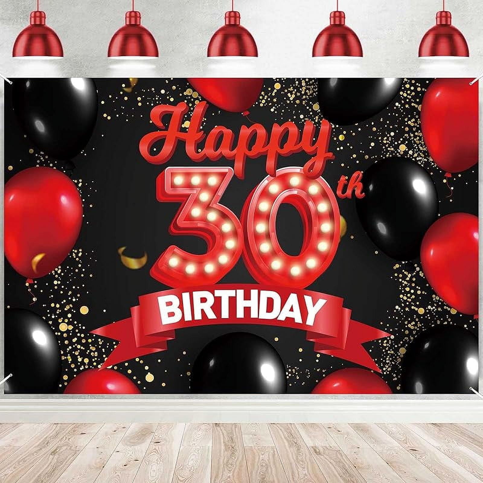 Happy 30th Birthday Red and Black Banner Backdrop Decorations Balloons ...
