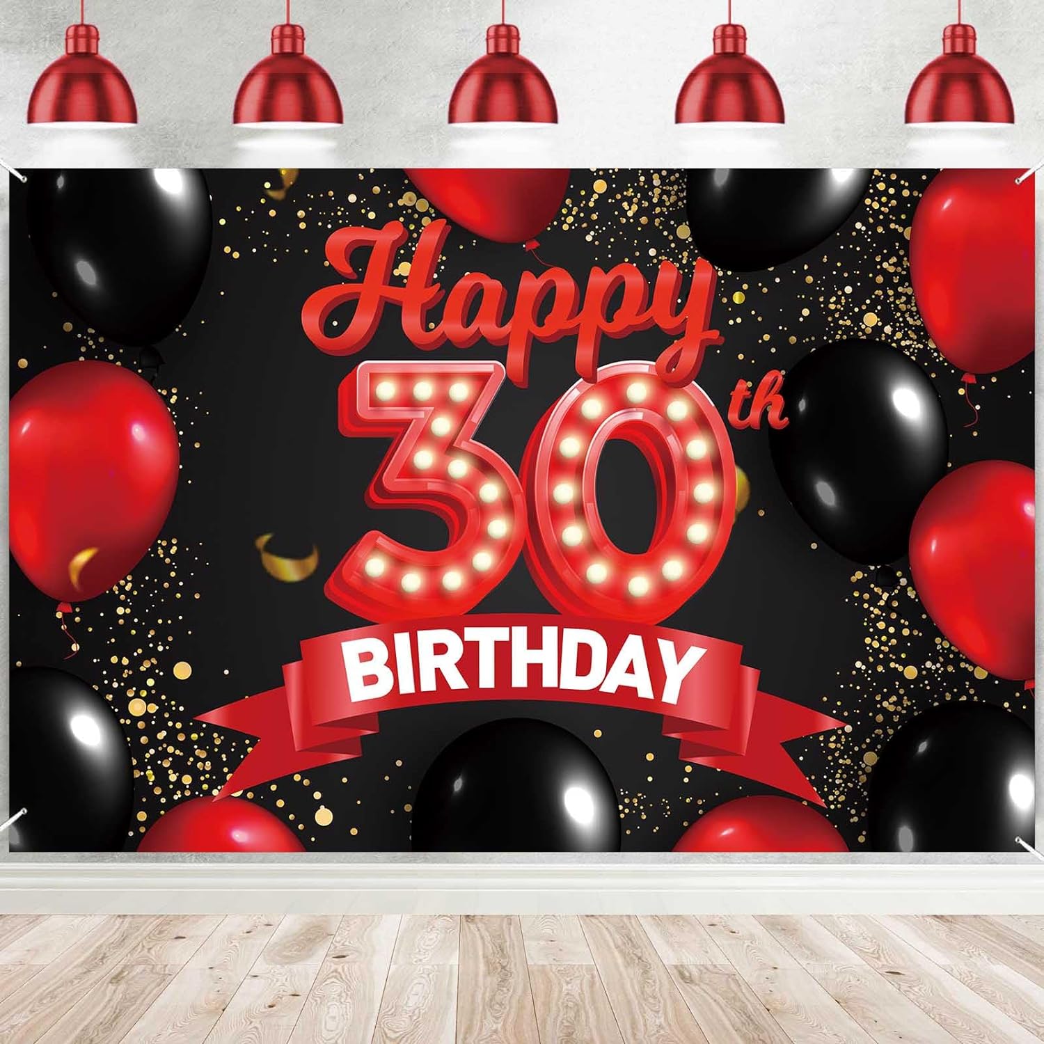 Happy 30th Birthday Red and Black Banner Backdrop Decorations Balloons ...