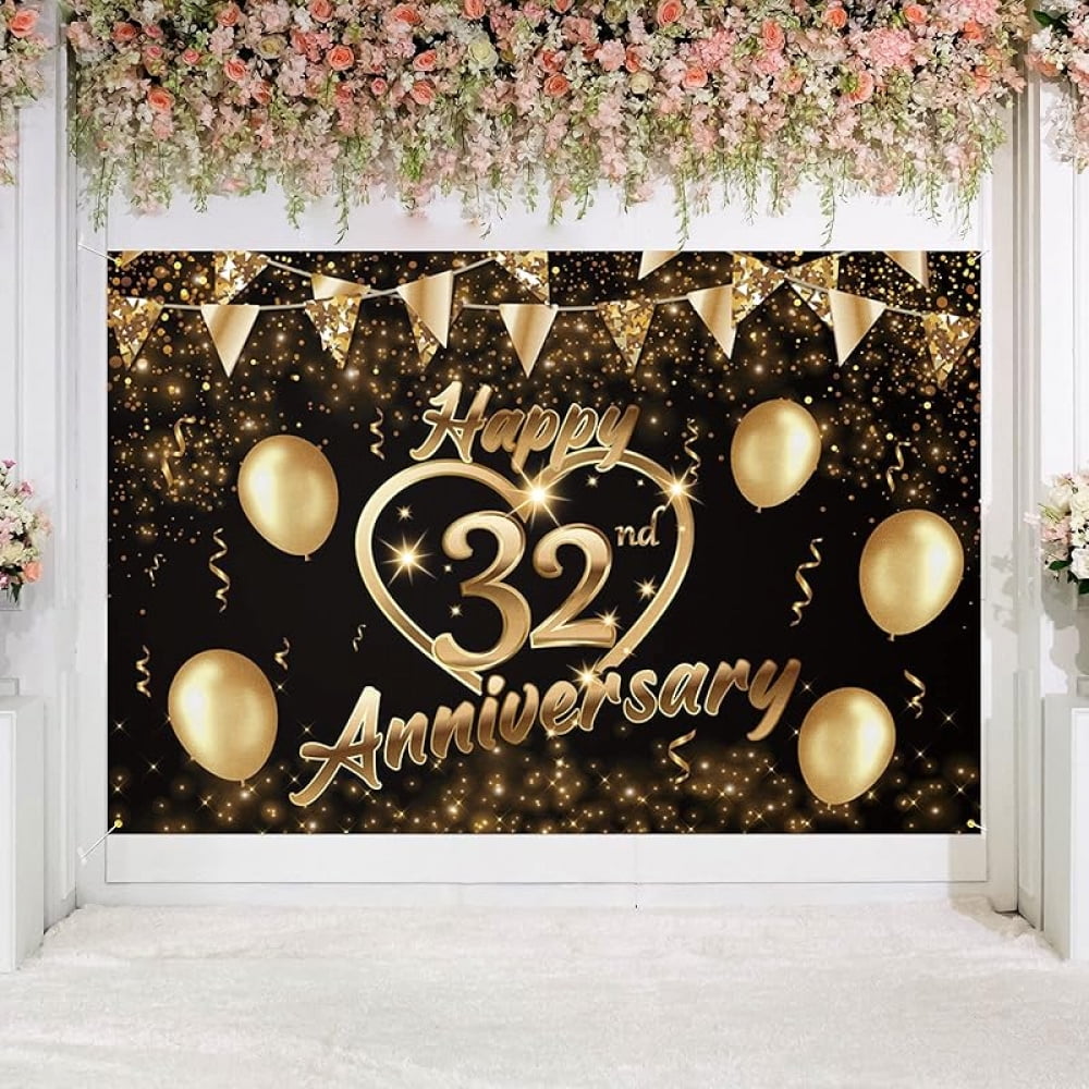 Happy 32nd Anniversary Backdrop Banner Decor Black Gold – Glitter Love ...