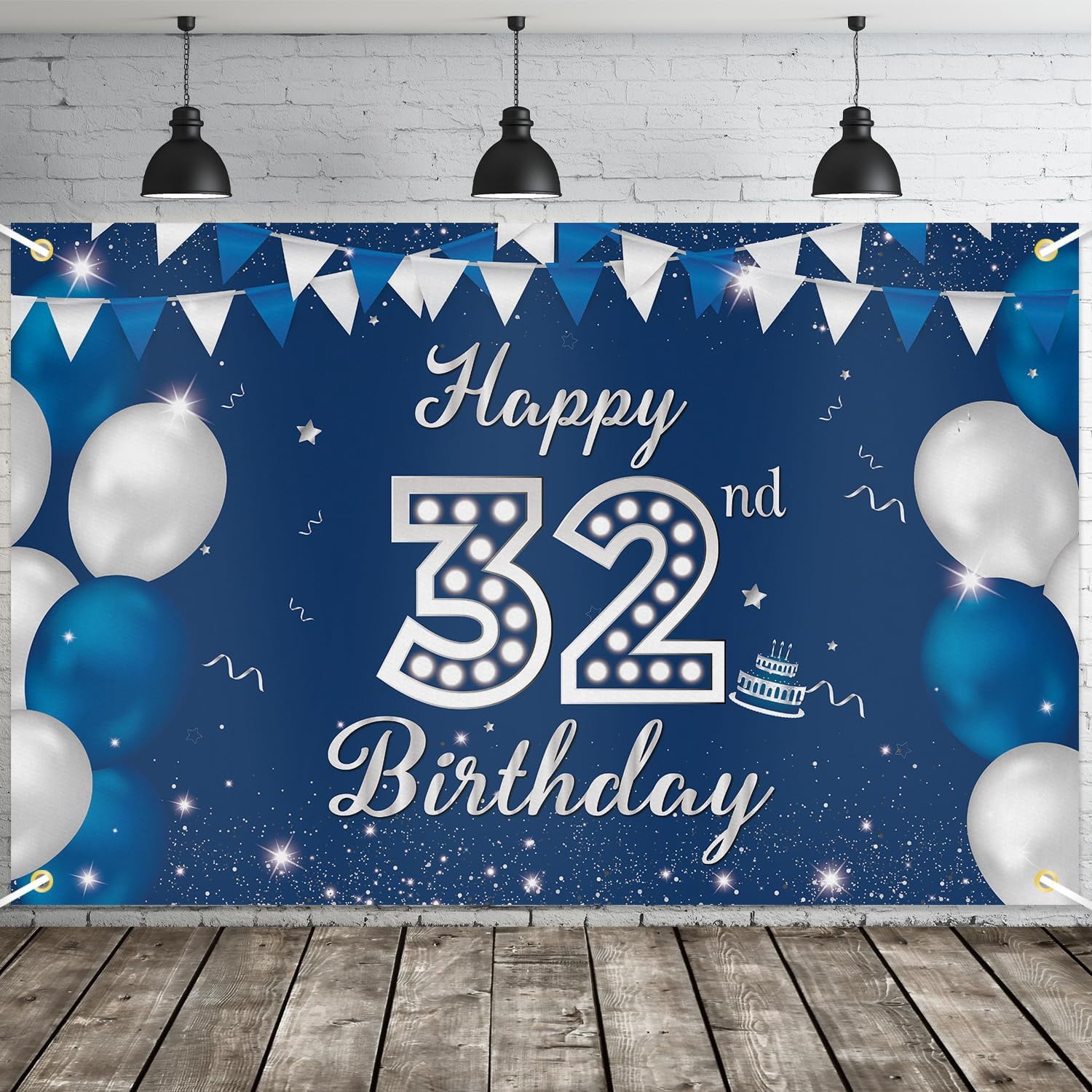 Happy 32nd Birthday Banner, Blue Silver Party Decorations for Men, 32 ...