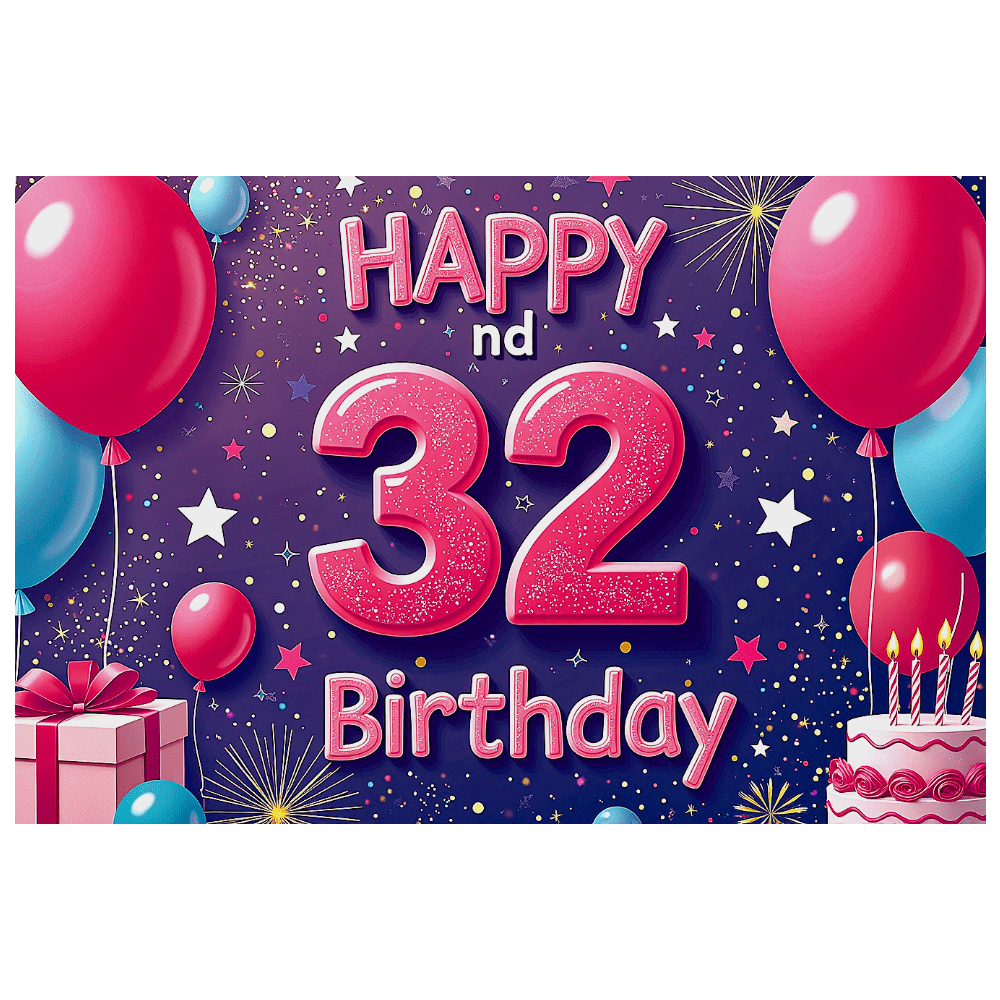 Happy 32nd Birthday Banner with Balloons Stars Fireworks Party Backdrop ...