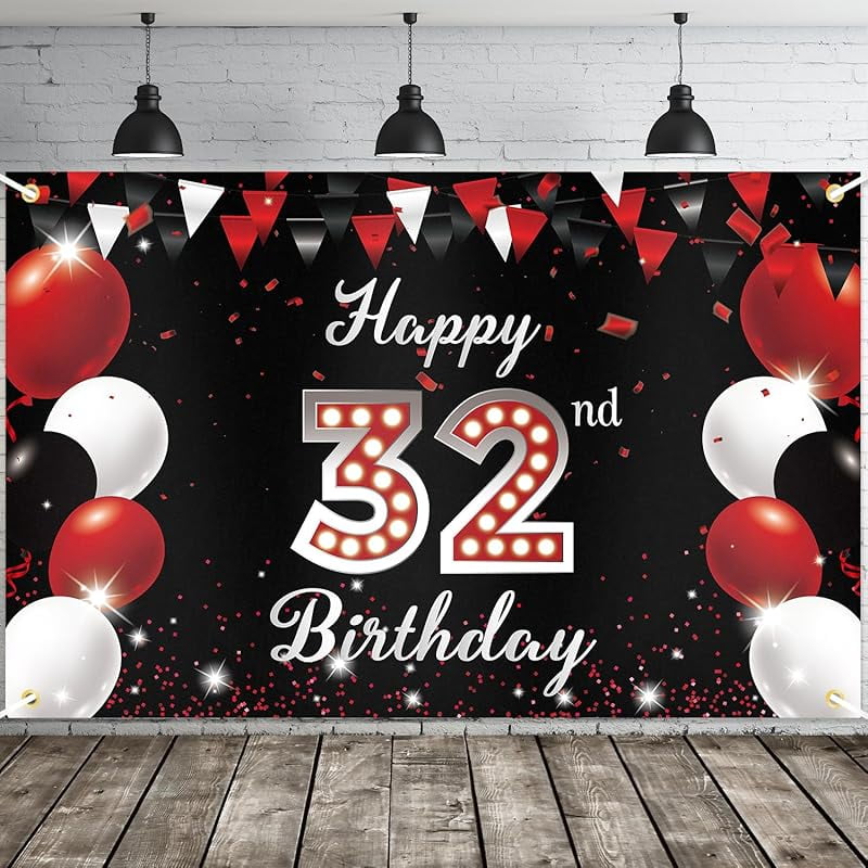 Happy 32th Birthday Banner Backdrop, Red Black Happy Birthday ...
