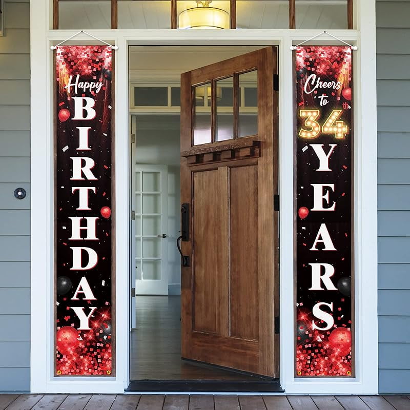 Happy 34th Birthday Porch Sign Door Banner Decor Red and Black ...