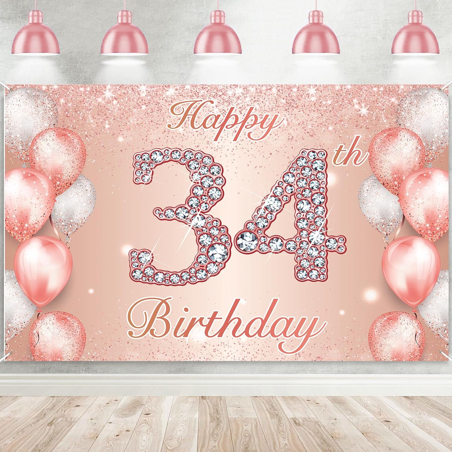 Happy 34th Birthday Rose Gold Banner Cheers to 34 Years Old Backdrop ...