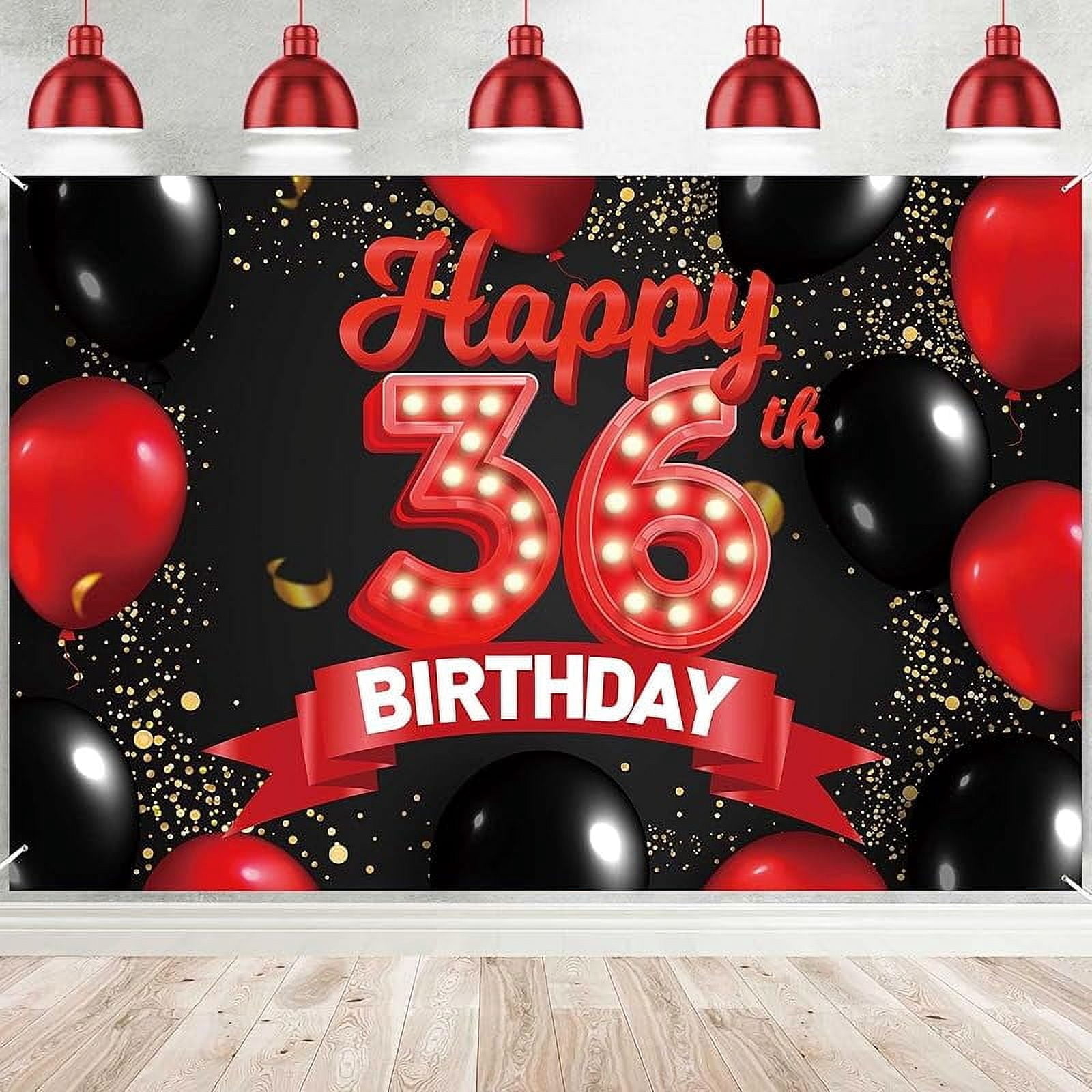 Happy 36th Birthday Red and Black Banner Backdrop Decorations Balloons ...