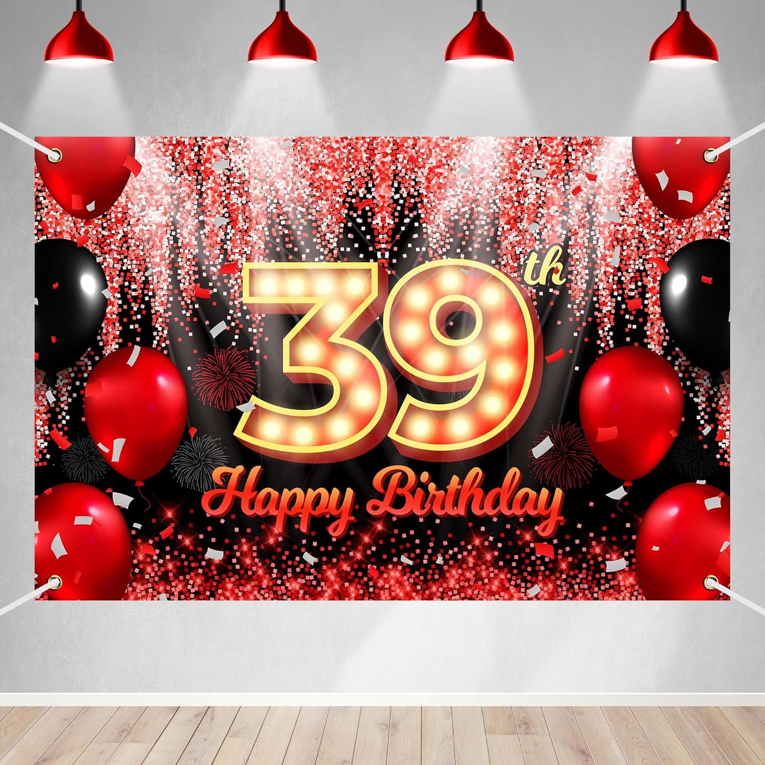 Happy 39th Birthday Backdrop Banner Black and Red Theme Background with ...