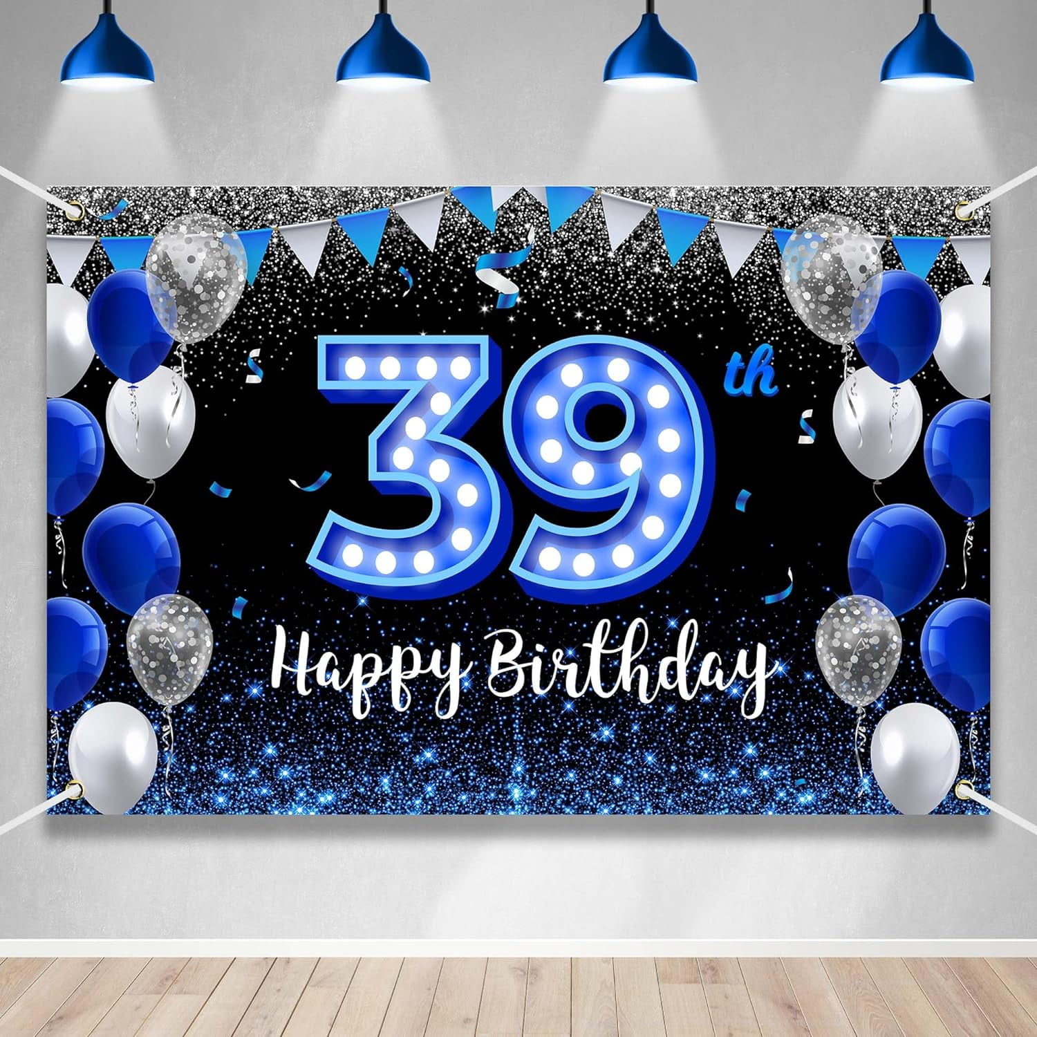 Happy 39th Birthday Backdrop Banner Blue Black Theme Background With ...