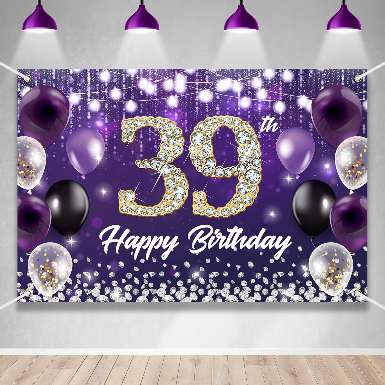 Happy 39th Birthday Backdrop Banner Purple Theme Background with Shiny ...