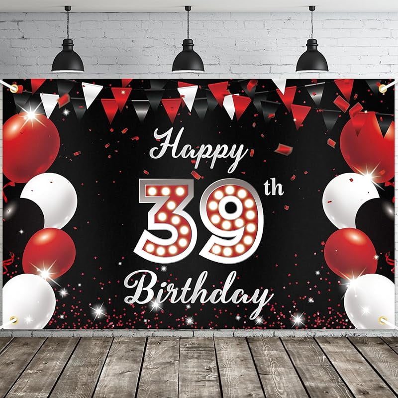 Happy 39th Birthday Banner Backdrop, Red Black Happy Birthday ...