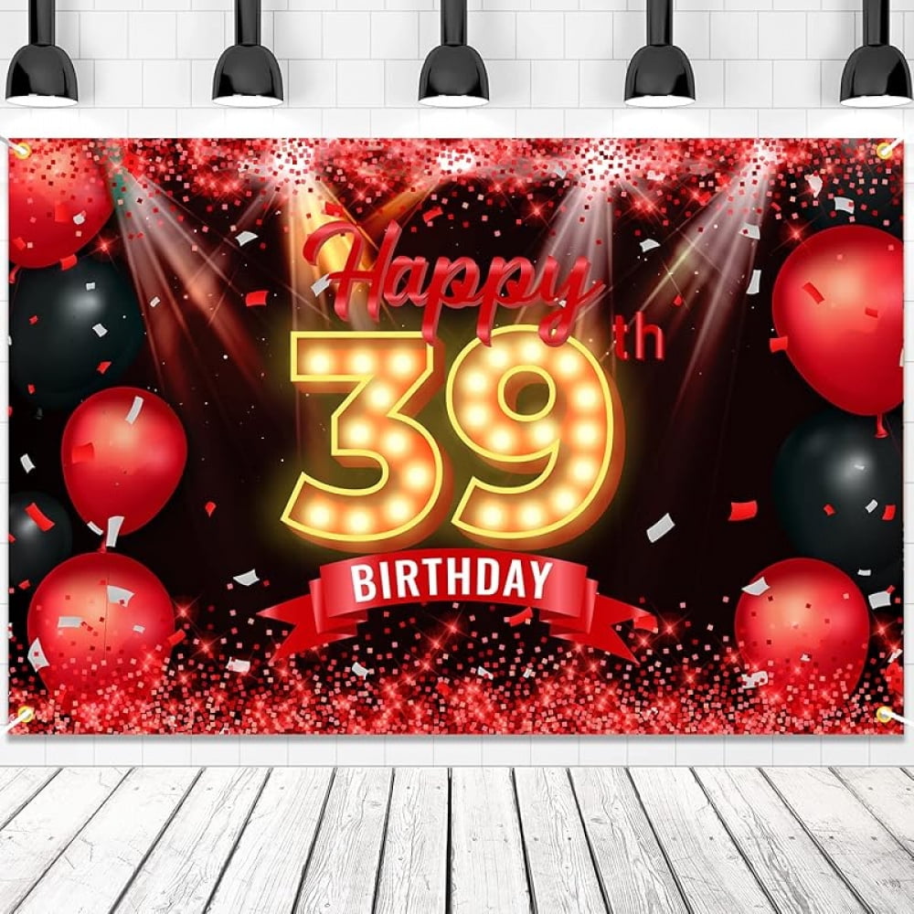 Happy 39th Birthday Banner Backdrop Red and Black 39 Years Old ...
