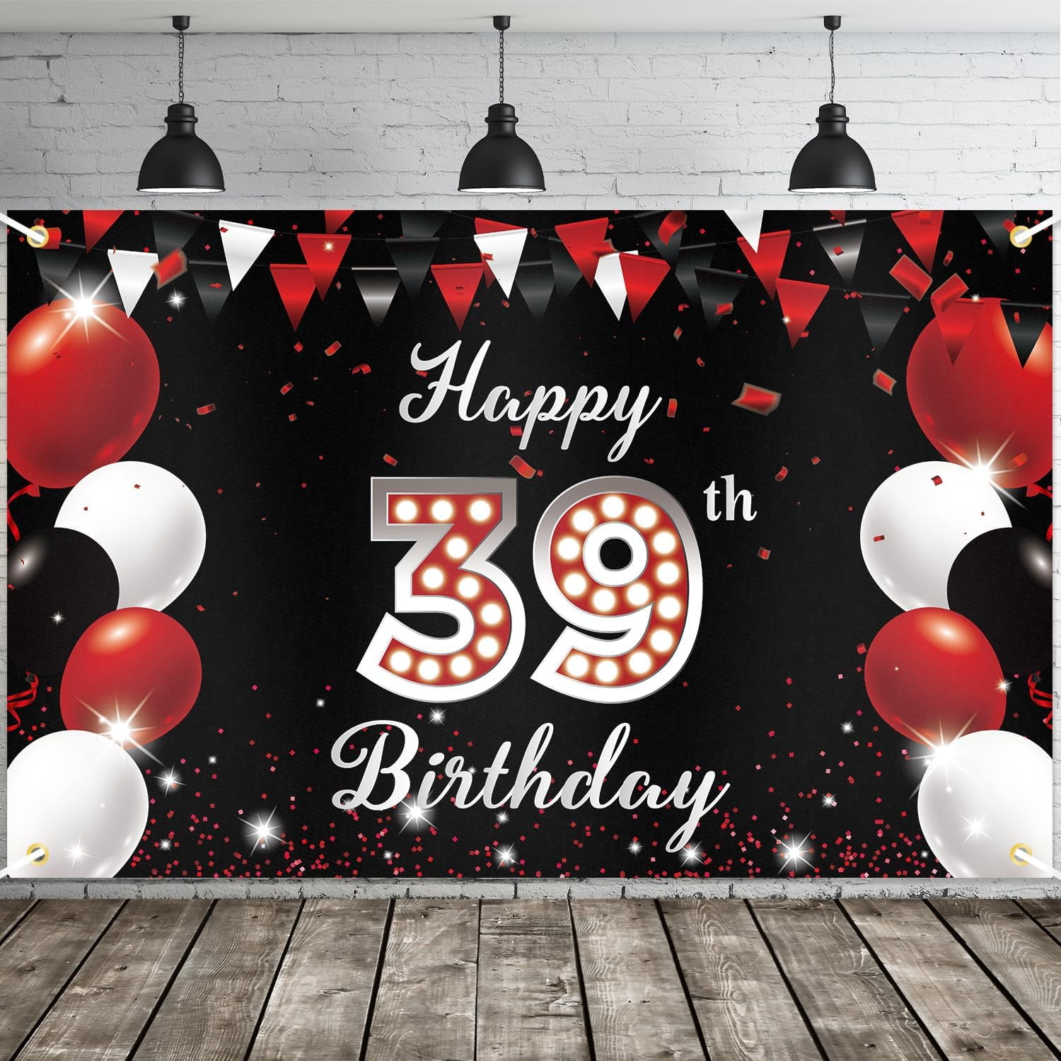 Happy 39th Birthday Banner, Red Black Happy 39th Birthday Party ...