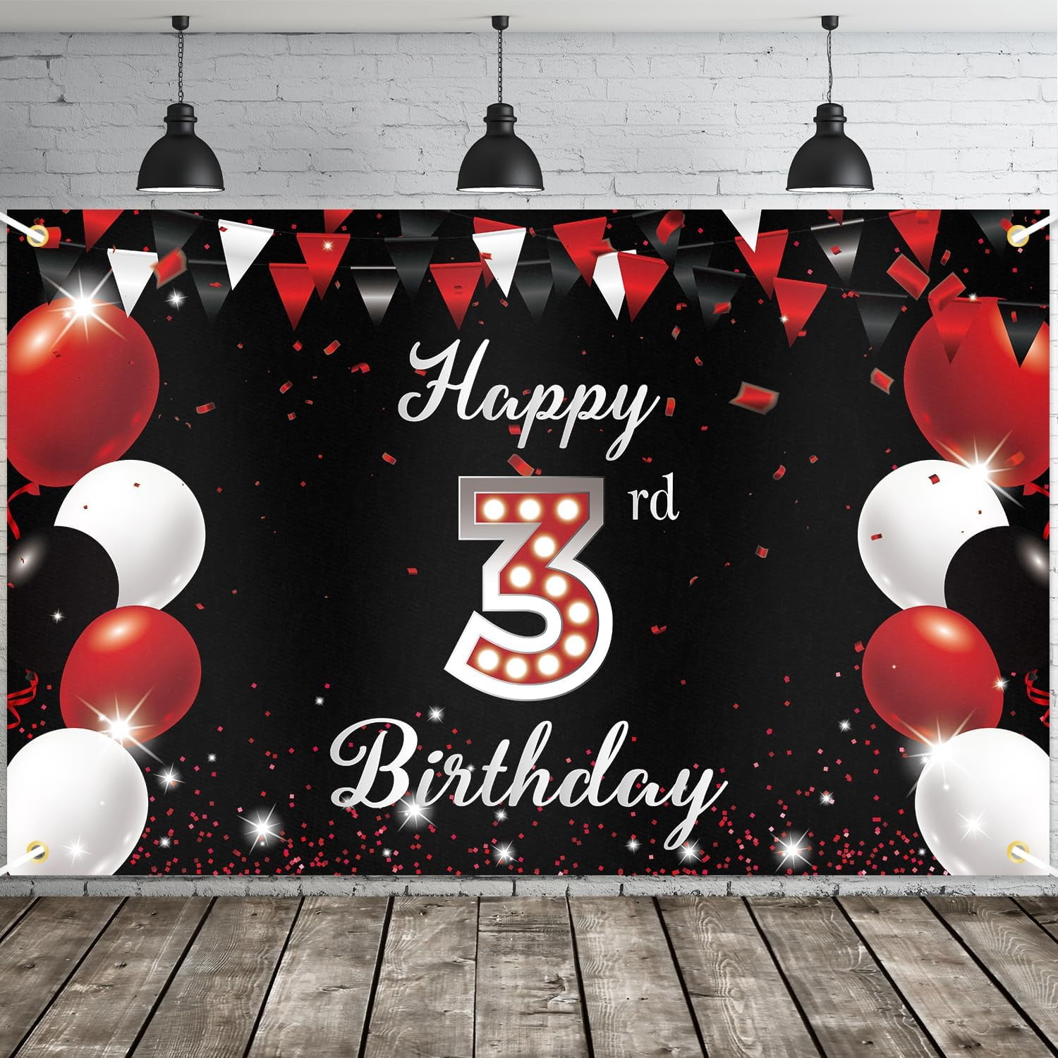 Happy 3rd Birthday Banner, Red Black Happy 3rd Birthday Party ...
