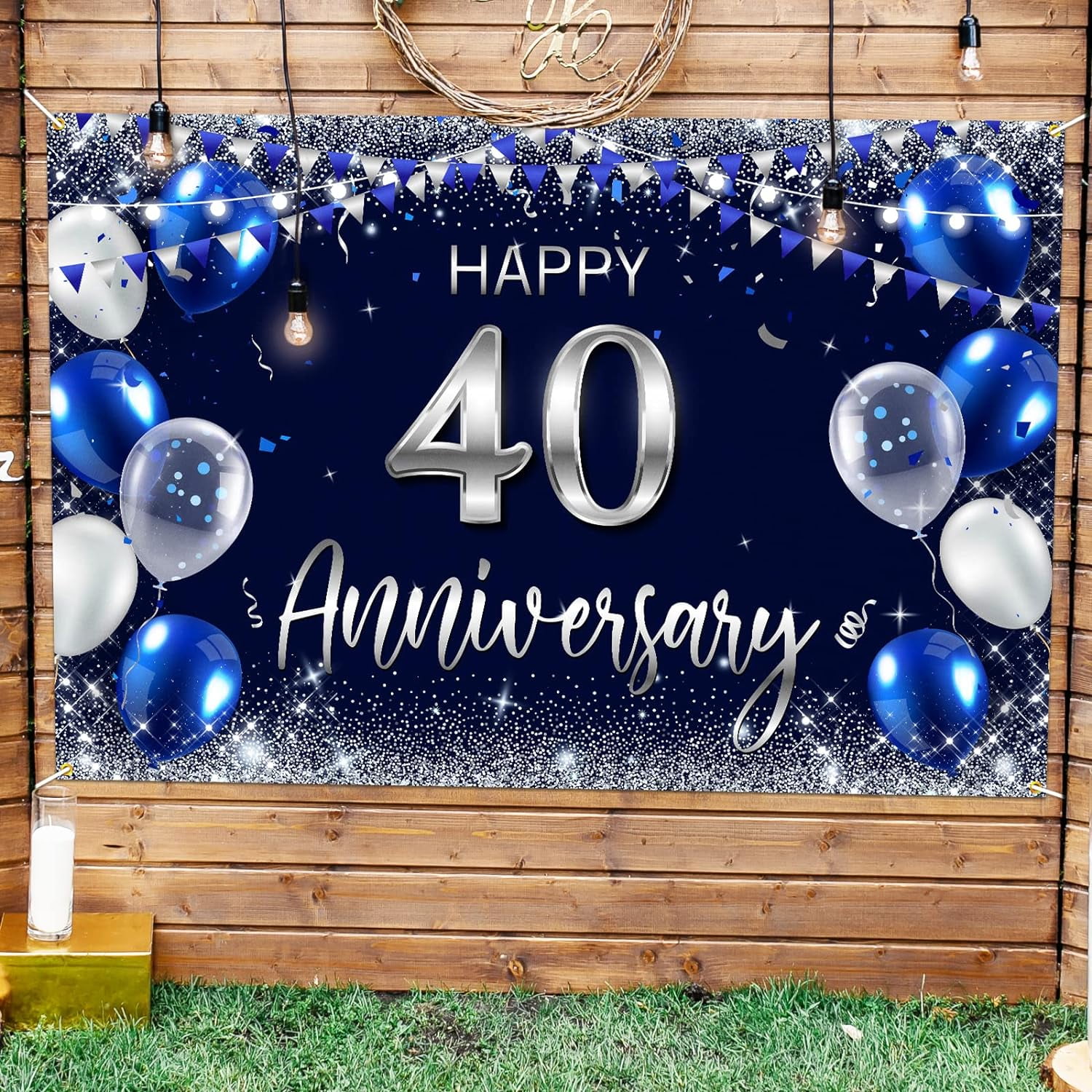 Happy 40th Anniversary Backdrop Banner Decor Blue Silver Happy 40 Years ...