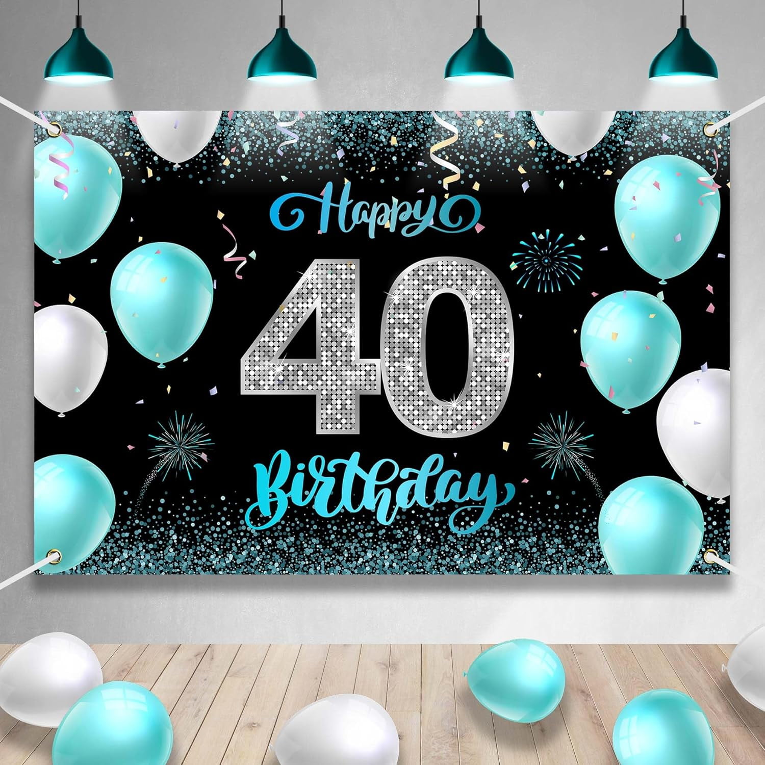 Happy 40th Birthday Backdrop Banner Black and Light Blue Balloon ...