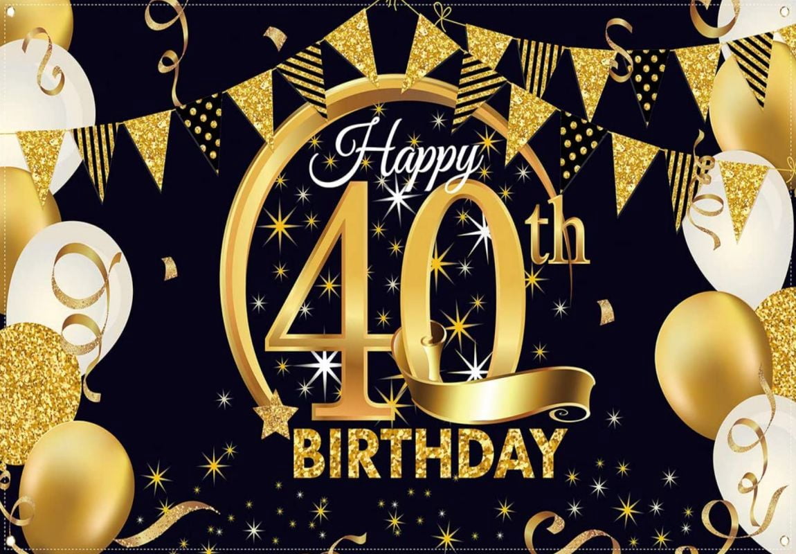 Happy 40th Birthday Backdrop Banner Black and Gold Birthday Poster ...