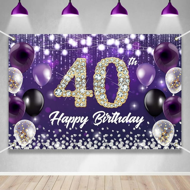 Happy 40th Birthday Backdrop Banner Purple Theme Background with Shiny ...