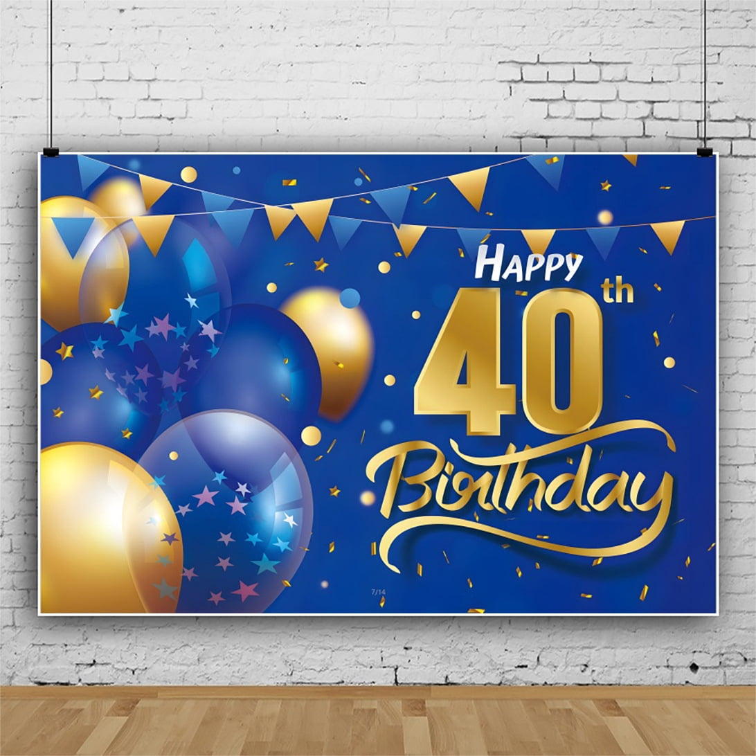 Happy 40th Birthday Backdrop Blue Gold Balloon Flag Photography ...