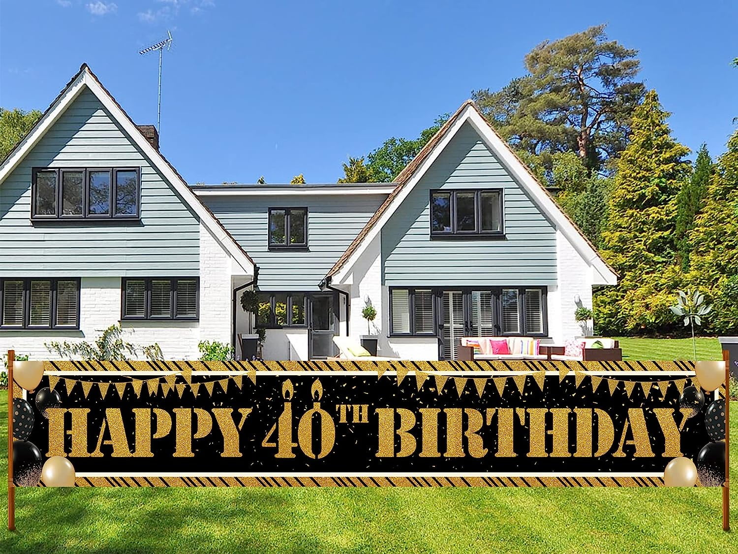 Happy 40th Birthday Banner, Black Gold Balloons Ribbons 40th Birthday ...