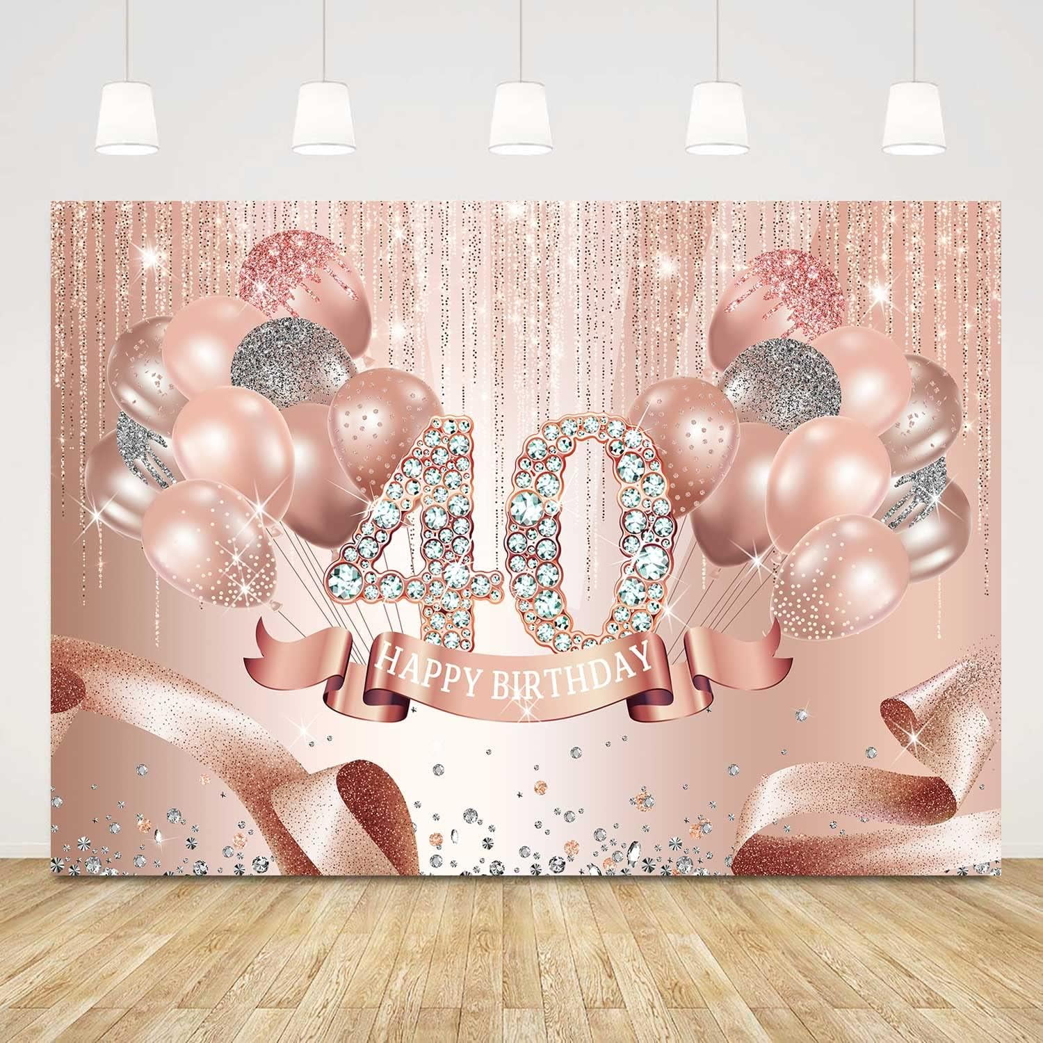 Happy 40th Birthday Party Backdrop for Women Glitter Rose Gold Balloons ...
