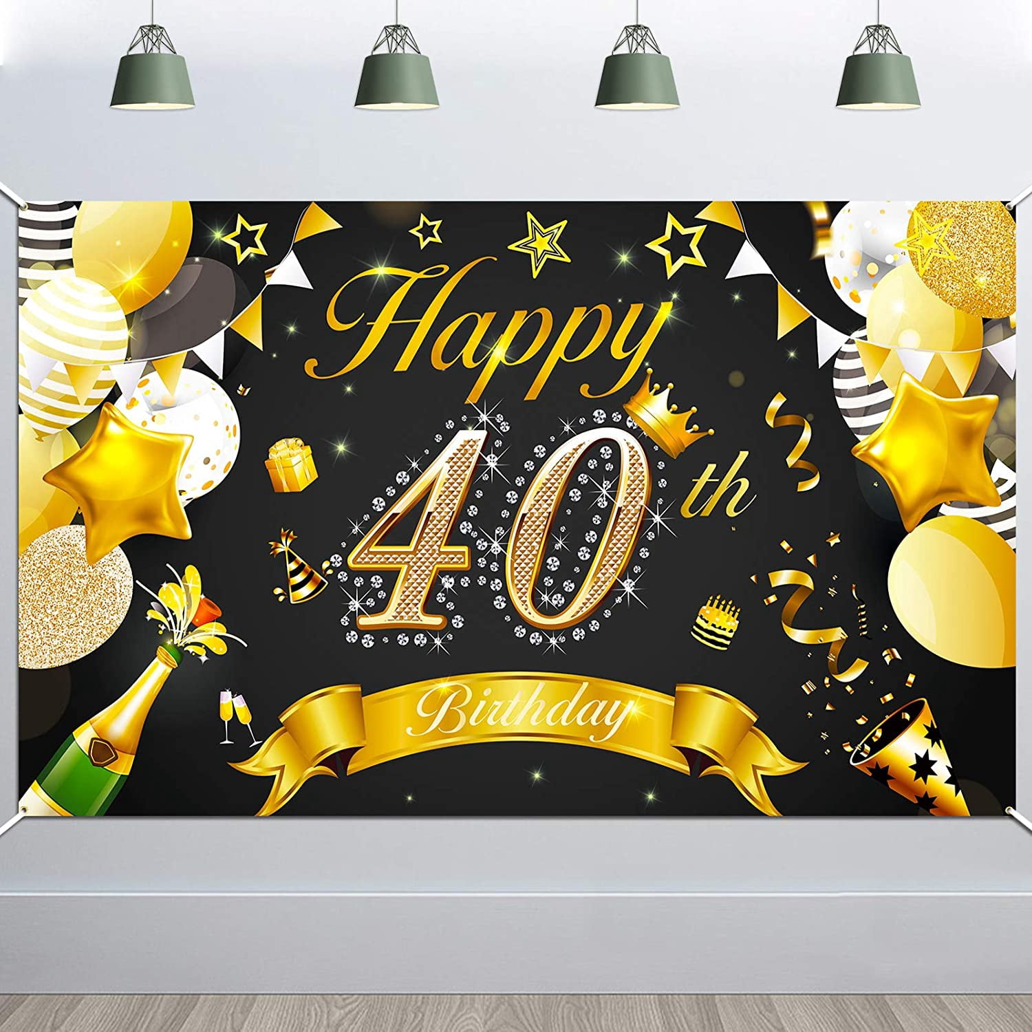 Happy 40th Birthday Party Decoration Black and Gold, Fabric Banner for ...