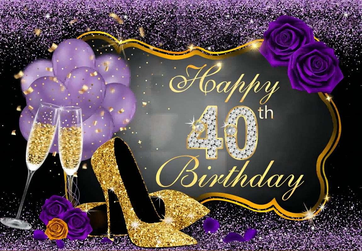 Happy 40th Birthday rations Backdrop Banner Purple Gold Women 40 Years ...