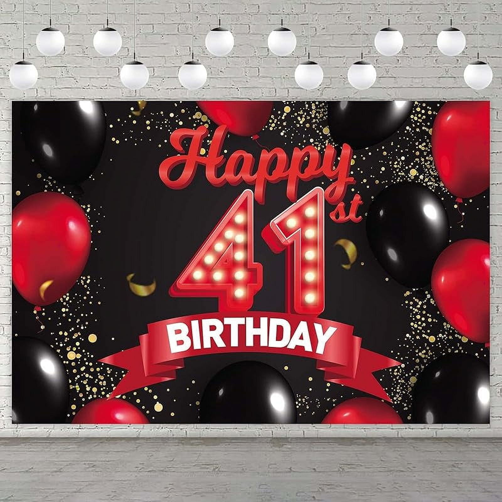 Happy 41st Birthday Red and Black Banner Backdrop Decorations Balloons ...
