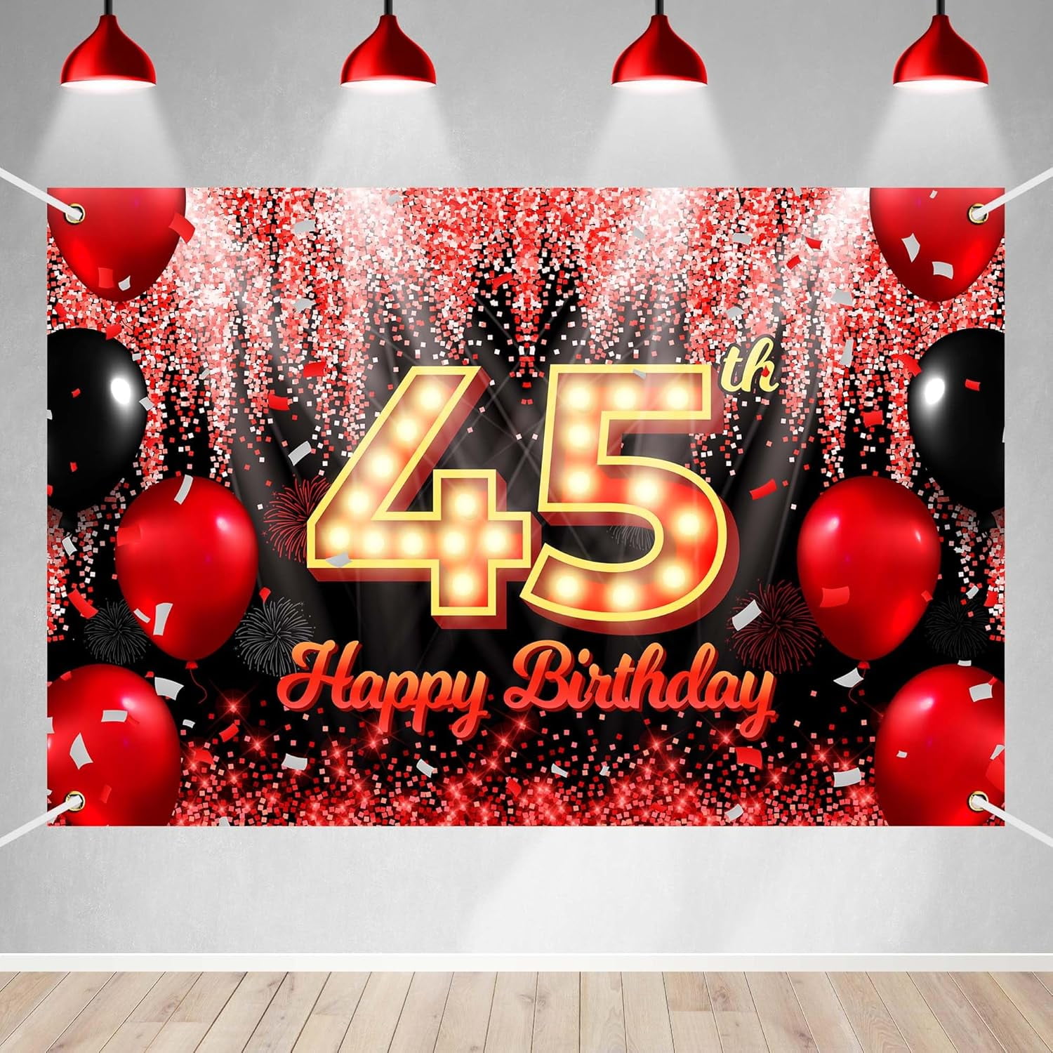 Happy 45th Birthday Backdrop Banner Black and Red Theme Background with ...
