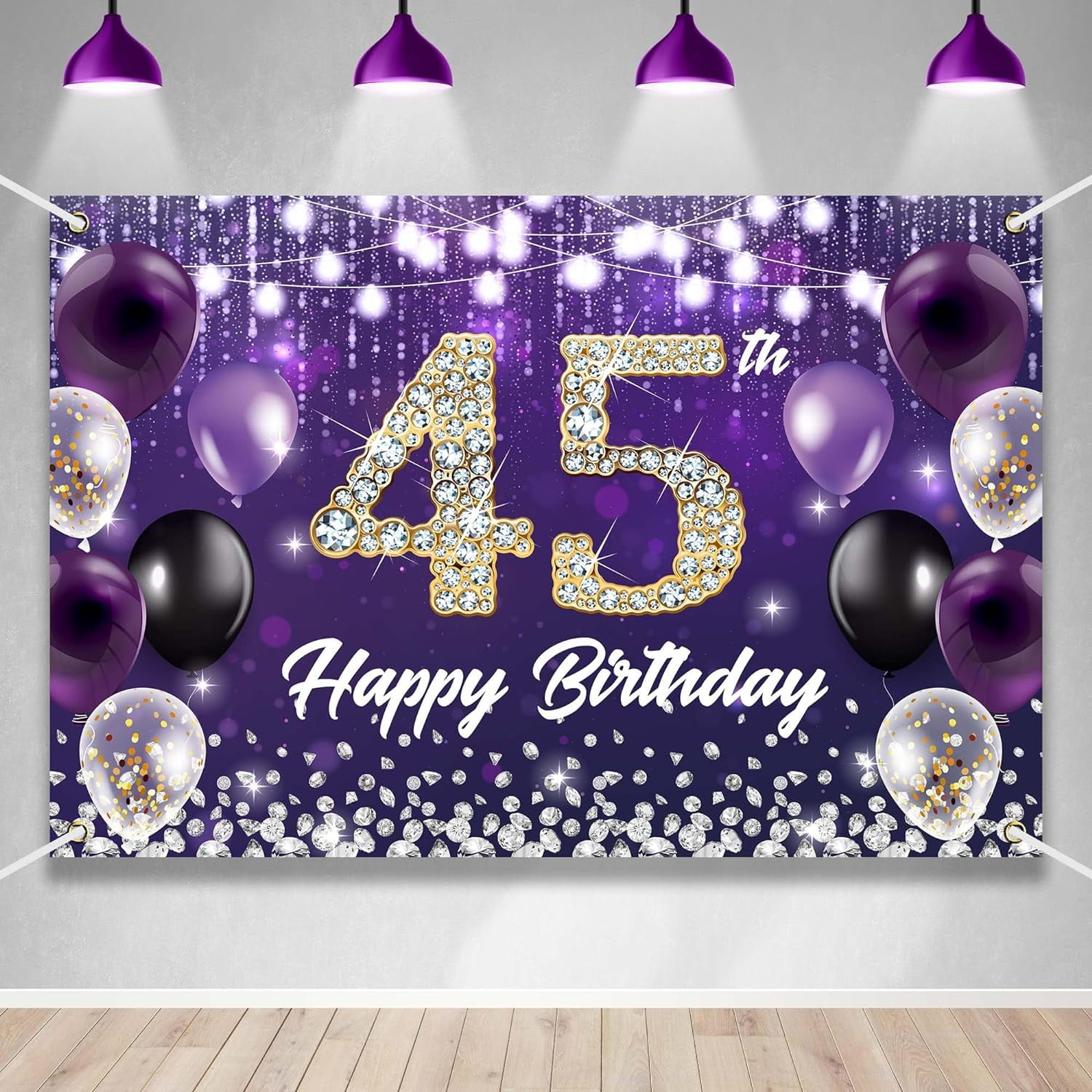 Happy 45th Birthday Backdrop Banner Purple Theme Background with Shiny ...