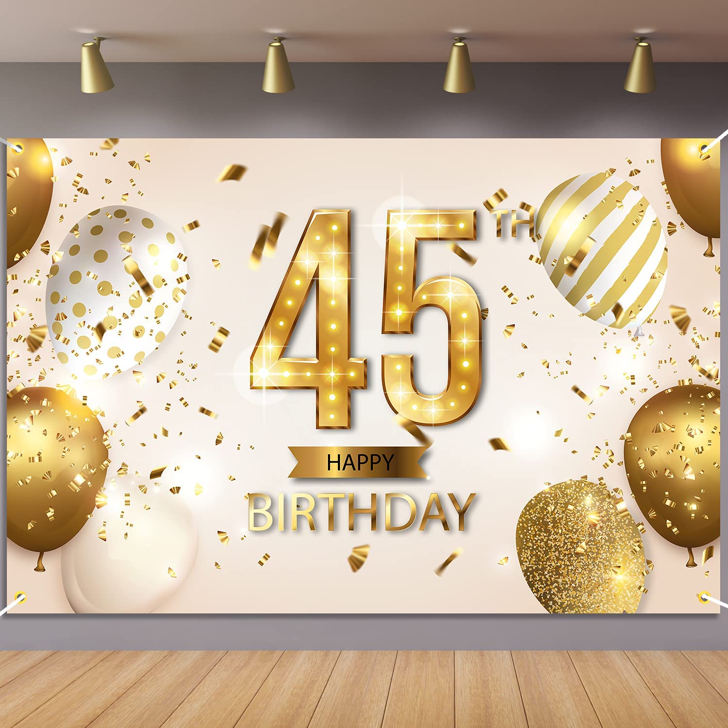 Happy 45th Birthday Backdrop Banner White Gold 45 Years Old Bday ...