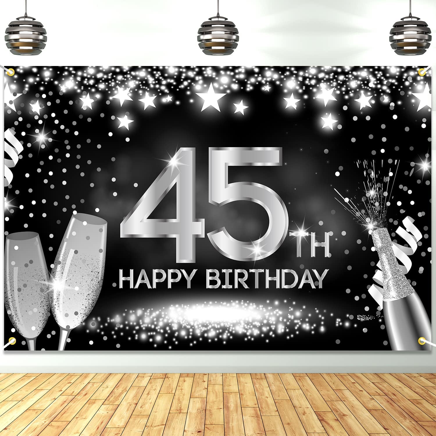 Happy 45th Birthday Banner Backdrop Silver and Black Champagne 45 Years ...
