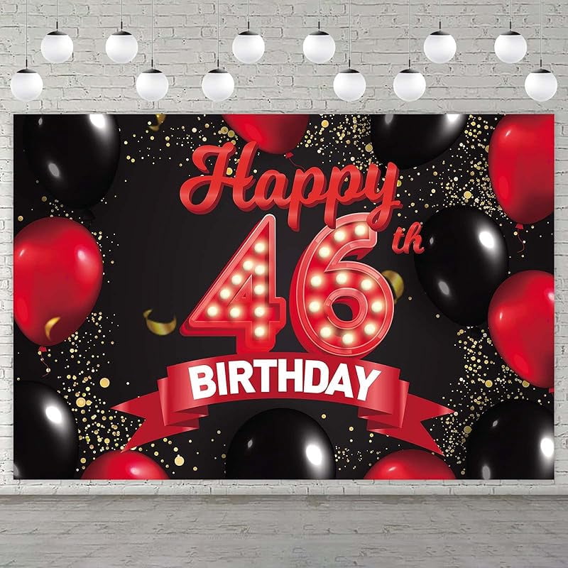 Happy 46th Birthday Red and Black Banner Backdrop Decorations Balloons ...