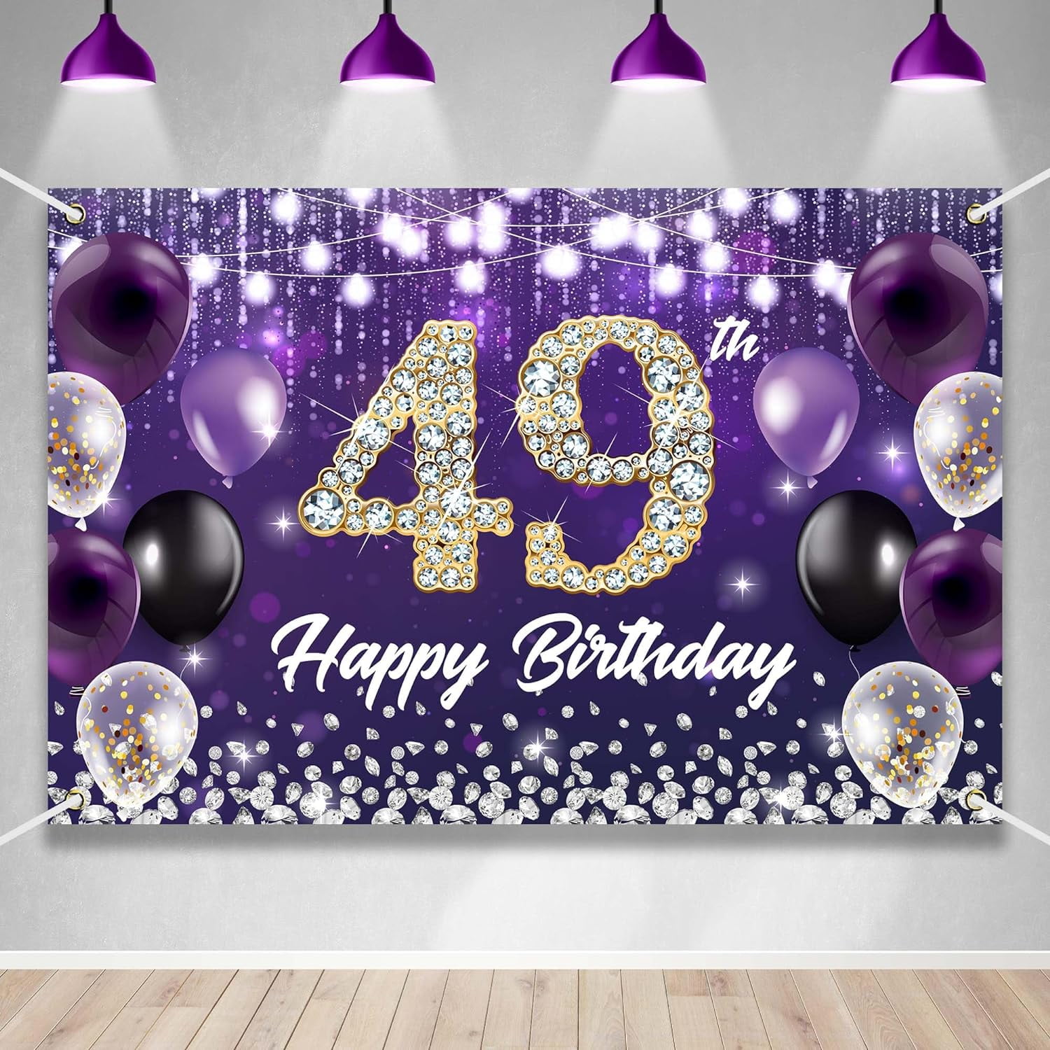 Happy 49th Birthday Backdrop Banner Purple Theme Background with Shiny ...