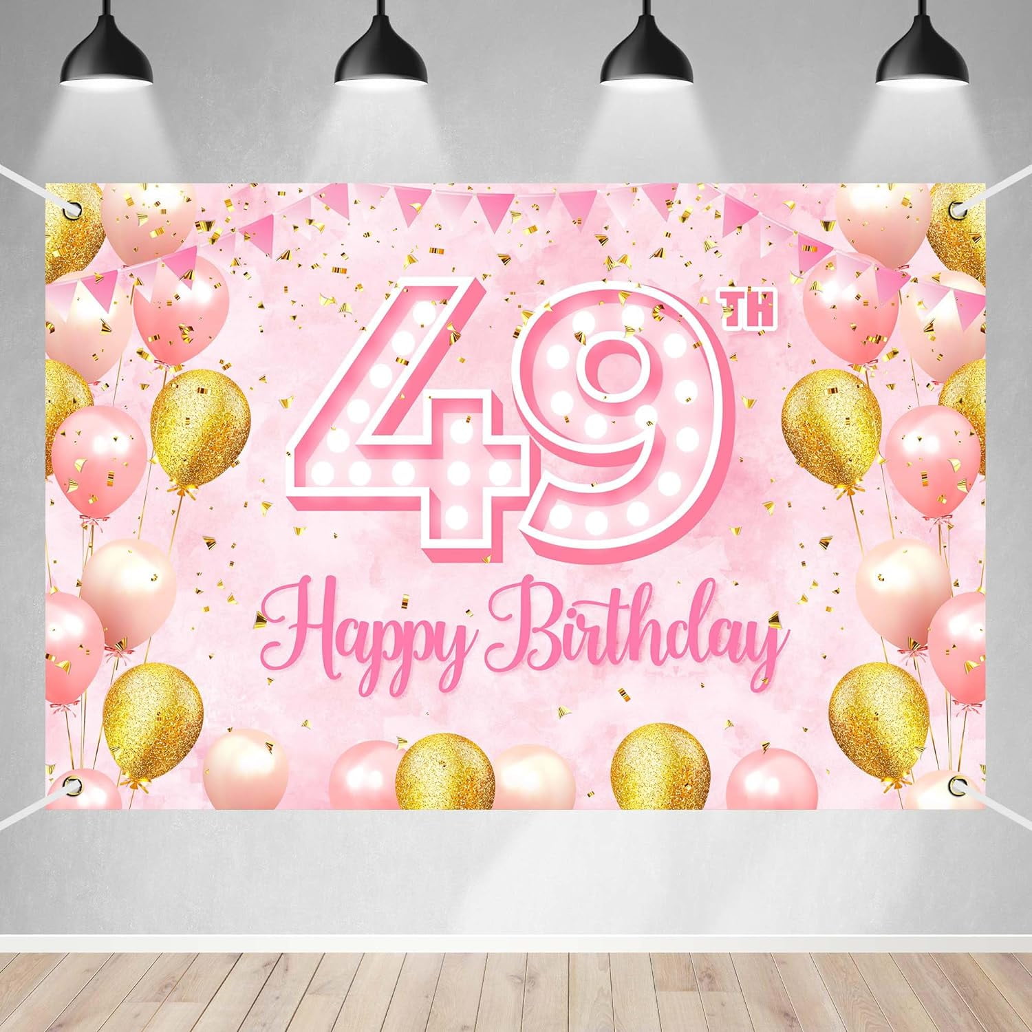 Happy 49th Birthday Banner Backdrop Pink Theme Rose Gold Balloons ...