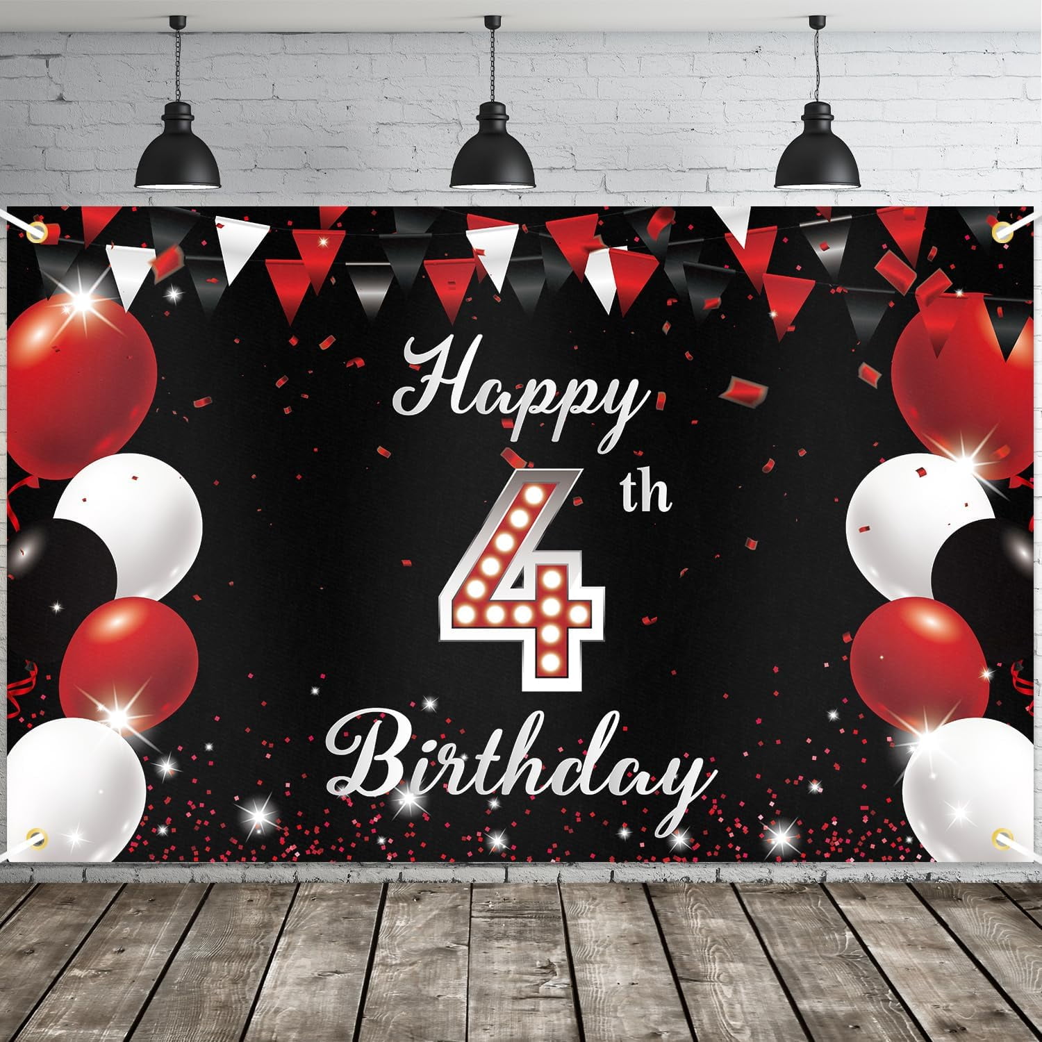 Happy 4th Birthday Banner, Red Black Happy 4th Birthday Party ...