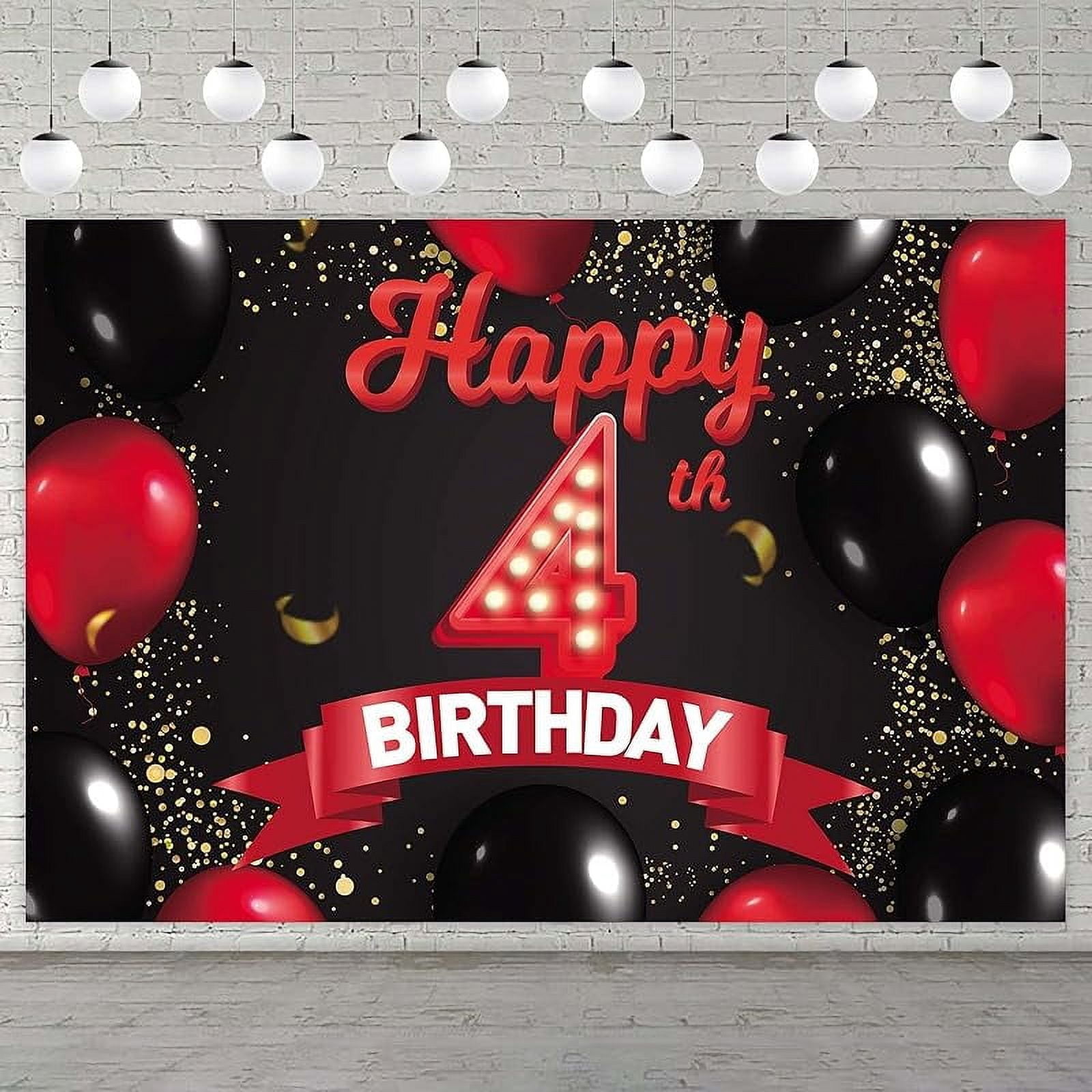 Happy 4th Birthday Red and Black Banner Backdrop Decorations Balloons ...
