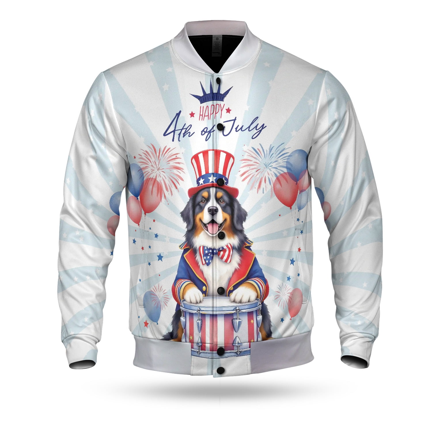 Happy 4th of July Patriotic Bernese Mountain Dog Marching Band Uniform Balloons Fireworks All ...