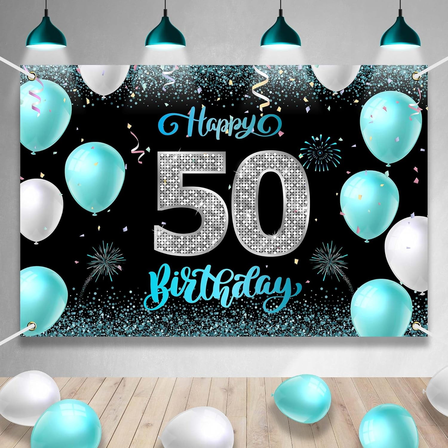 Happy 50th Birthday Backdrop Banner Black and Light Blue Balloon ...